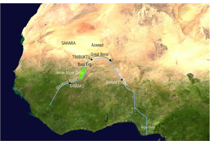 De grote bocht van de Niger, de groene Sahara en migratieroutes.